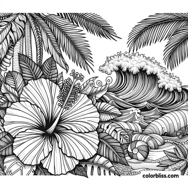 Tropical Beach Paradise Coloring Page | ColorBliss