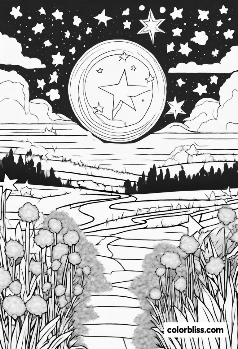 Starry Night Landscape Coloring Page | ColorBliss